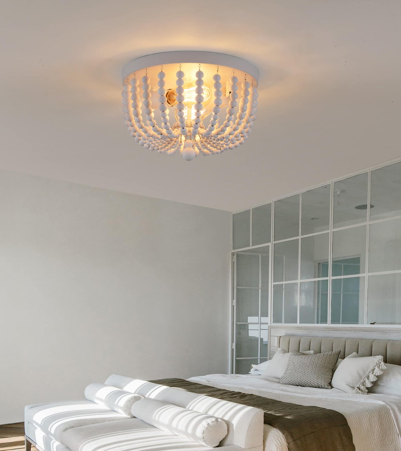 Q&S Boho Coastal Wood Beaded 2-Light Ceiling Light
